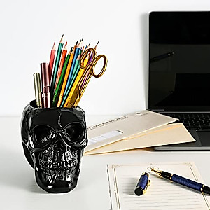 Tofun Black Skull Face Pen Holder Pencil Holder,Makeup Brush Storage Holder,Resin Pencil Cup Stationery Storage for Desktop,Resin Plant Pot,Decorative Skeleton Head Halloween Decor