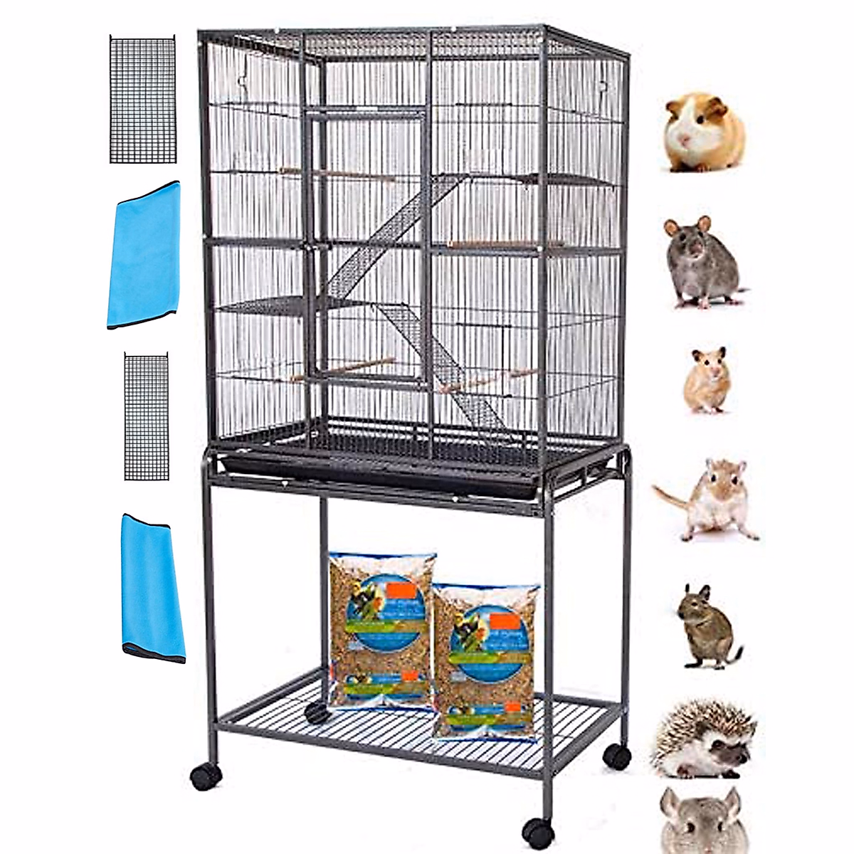 54" Large Wrought Iron 4-Level Chew-Proof Tight 1/2-inch Wire Spacing Ferret Squirrel Chinchilla Sugar Glider Rats Mices Rabbit Squirrel Hamster Cage Easy Clean Pull Out Tray Removable Rolling Stand