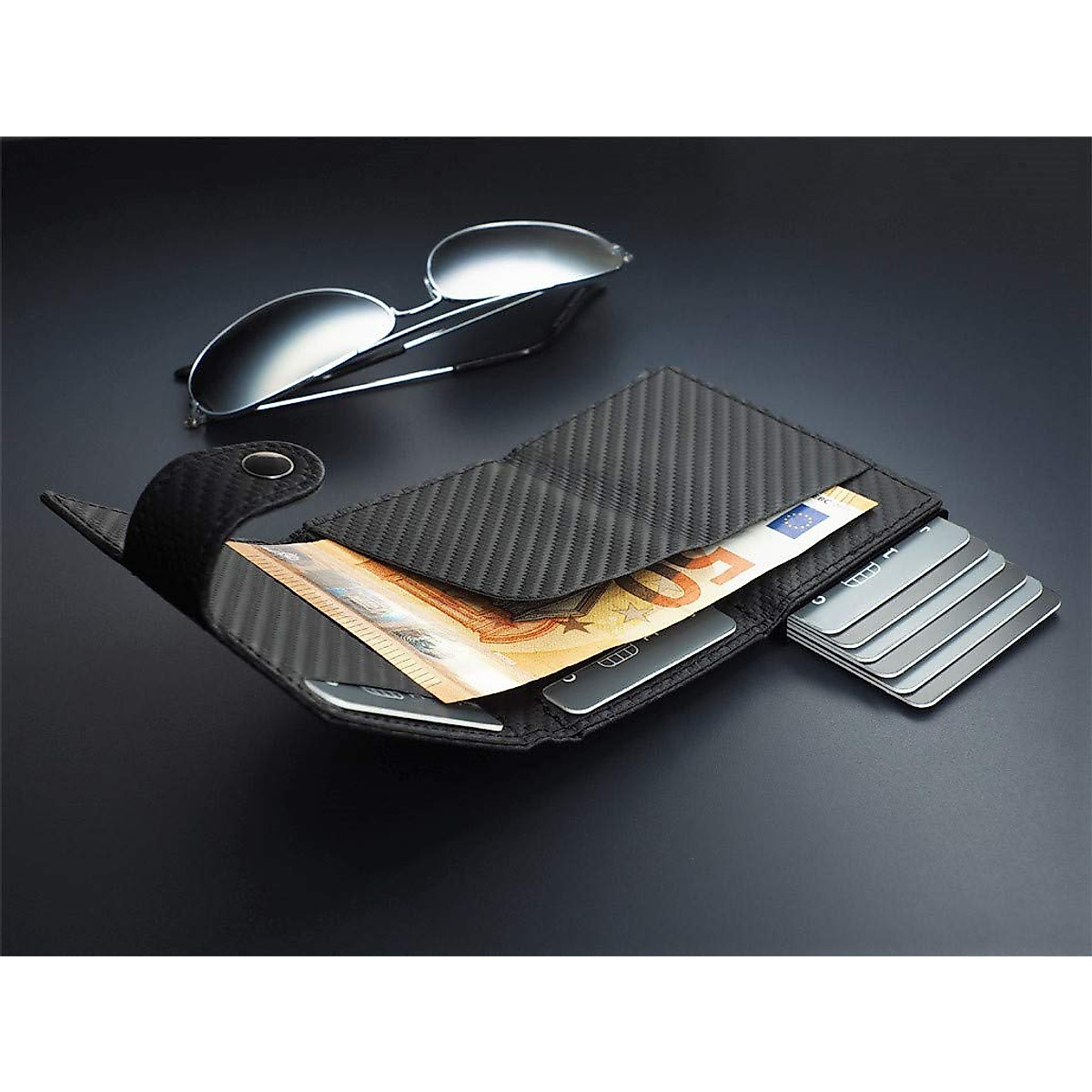 PULARYS Mini Wallet CARBON - Card Case Made of Carbon Eco-Leather - RFID blocking - Size: 7.5 x 9.5 x 2.5 cm - Space for up to 9 Cards - One Note Compartment Secured with Snap Closure