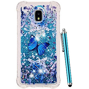 CAIYUNL for Galaxy J7 Refine Case,J7 2018,Samsung J7 Top,J7 Crown,J7 Aero,J7 Aura,J7 Eon,J7 Star Glitter Sparkle Liquid Bling Quicksand Clear TPU Cover Luxury Cute Women Men Shockproof -Blue Butterfly