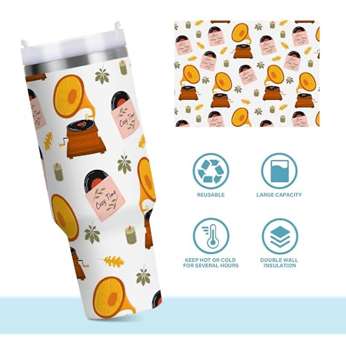 Emelivor Gramophones Records White 40 oz Tumbler with Lid and Straw Insulated Tumblers with Handle Leak Proof Coffee Tumbler Mug Large Water Bottles Fits in Car Cup Holder