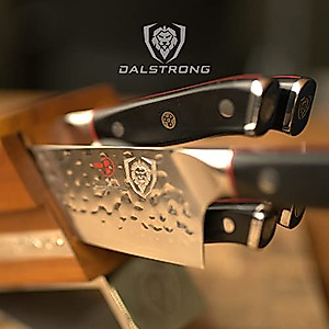 DALSTRONG Knife Block Set - 5 Piece - Shogun Series ELITE - AUS-10V High-Carbon Japanese Steel - Black G10 Handles - Acacia Wood - Damascus - Kitchen Knife Set with Block - Professional Cutlery Set