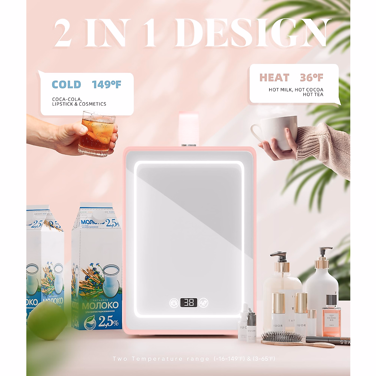 BOGDA 4L Mini Skincare Fridge with Dimmable LED Light Mirror, Cooler and Warmer Temperature Control Digital Display, Portable Cosmetic Refrigerator for Makeup, Skin Care, Bedroom Office Car, Pink