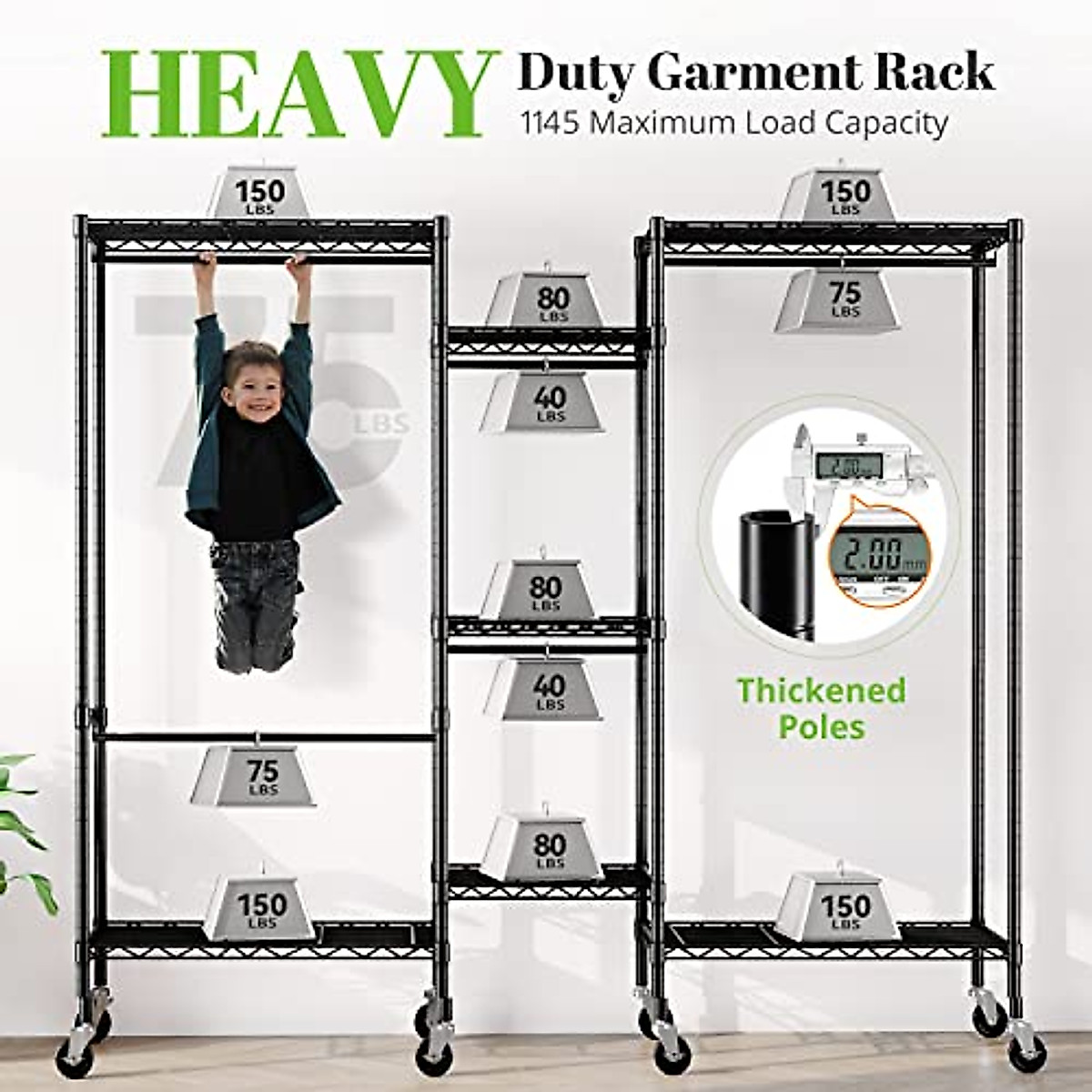 HOKEEPER Heavy Duty Rolling Wire Garment Rack with Rubber Wheels, Metal Clothing Rack for Hanging Clothes Freestanding Closet Organizer Portable Clothes Rack Wardrobe with 7 Shelves & 5 Hanging Rods