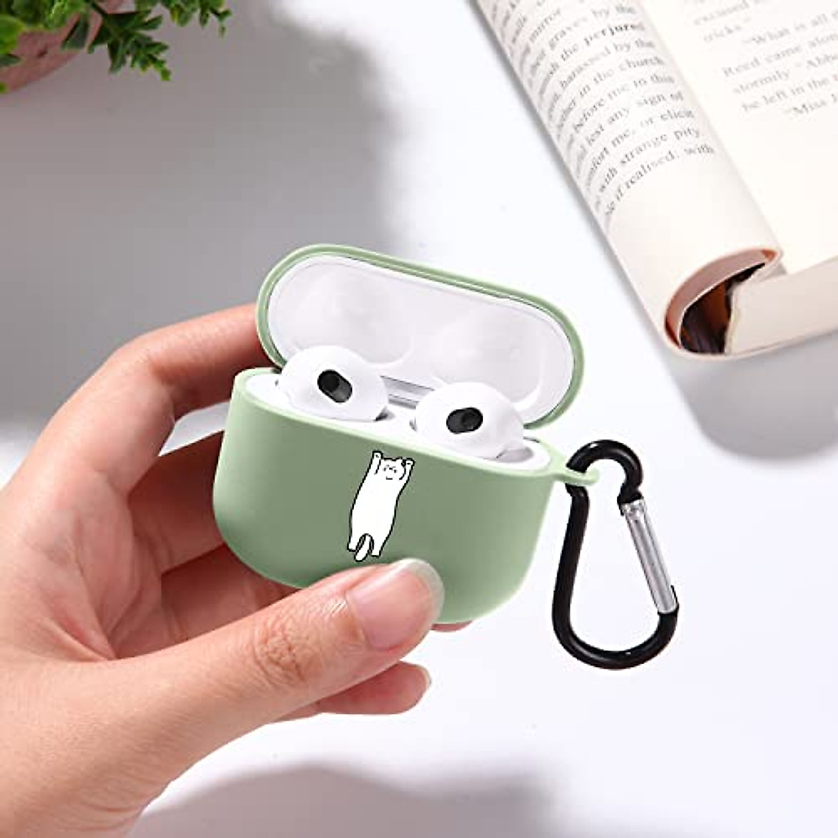 JOYLAND Funny Cat Case for AirPods 3 2021 with Keychain,Cartoon Cat Case for Women Men Girls Boys,Green Smooth TPU Silicone Protective Cover Compatible with Apple AirPod 3rd Generation 2021