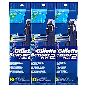 Gillette Sensor2 Plus Fixed Men's Disposable Razor, 10 Count (Pack of 3) Blue