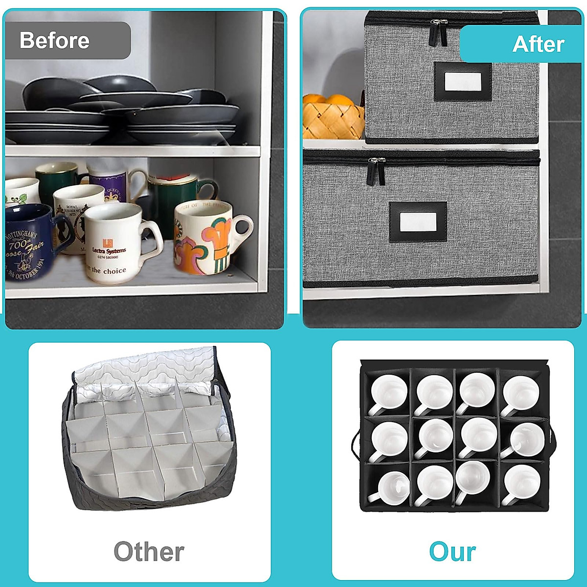 ouruer 5 PACK China Storage Containers-Quilted Mug Storage and Moving Boxes for Dishes,Dish Packing Supplies for Moving,Dinnerware &Accessories,Holds a total of 48 plates (4 sizes) and 12 cups(Grey)