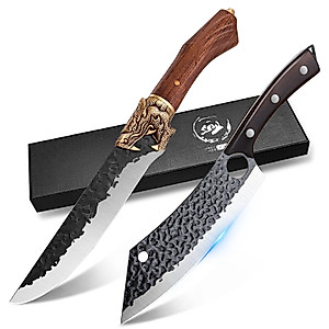 Purple Dragon 7 Inch Elegant Butcher Knife with Leather Bag with 8 Inch Japanese Meat Cleaver Ultra Sharp
