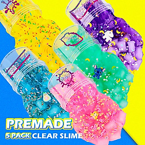 5 Pack Crystal Clear Slime Kit with Jelly Cubes Charms Add Ins for Girls Boys 10-12, Stars Moons Avocado Banana Pink Blue Crunchy Water Slime Set, Soft Sludge for Kids Birthday, Slime Party Favors
