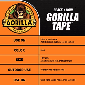 Gorilla Black Duct Tape, 1.88" x 35 yd, Black, (Bulk Pack of 18)