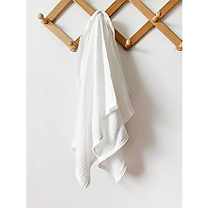 JH-YiSheng Cotton Muslin Pompom Baby Blanket,Summer Bed Sheet,Cotton Bath Towel Baby Receiving Blanket 29.5"x40" (White)
