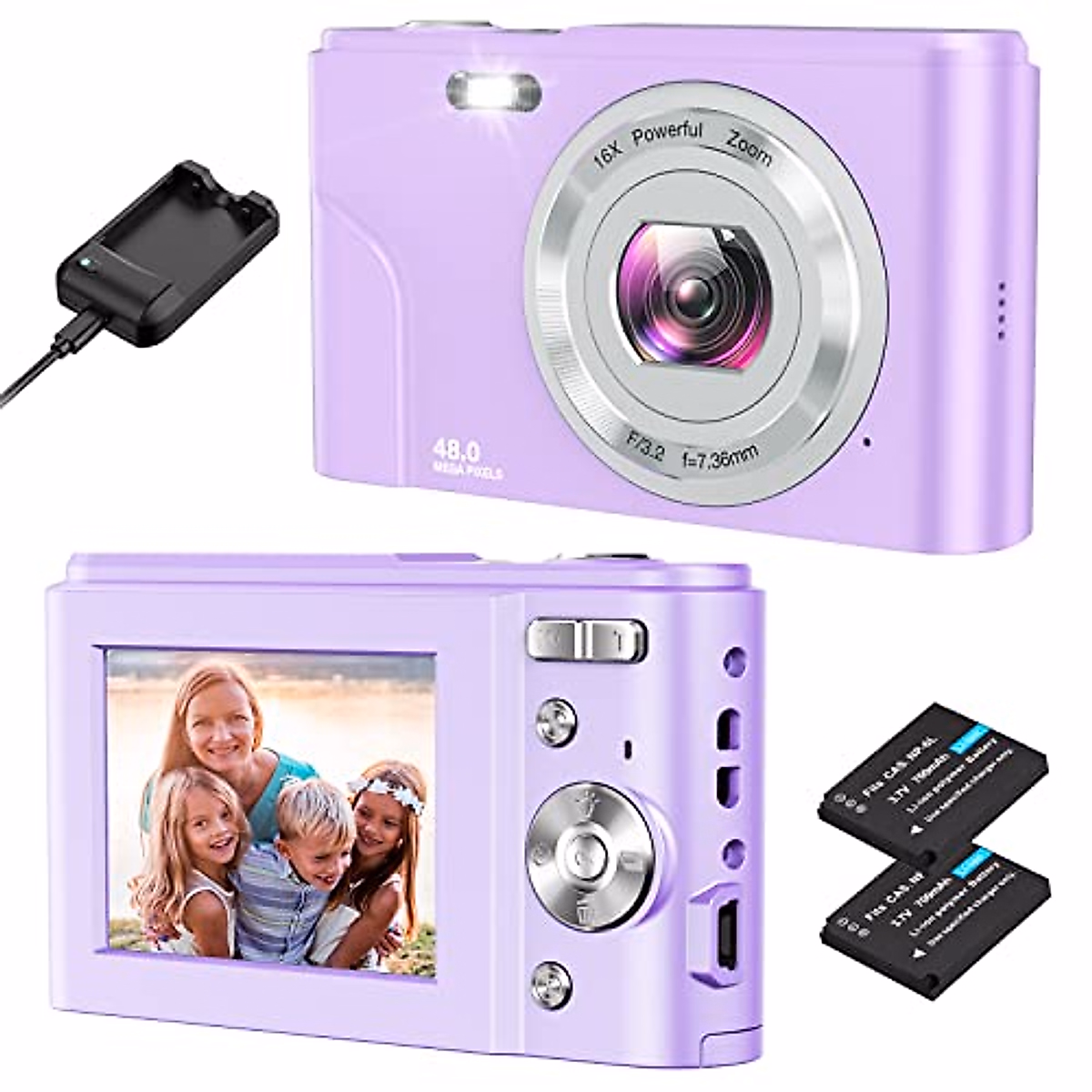 Digital Camera, HUMIDIER FHD 1080P 36MP 16X Digital Zoom Mini Vlogging Video Camera with Battery Charger, Compact Portable Cameras Point and Shoot Camera for Kids,Teens,Beginners (Purple)