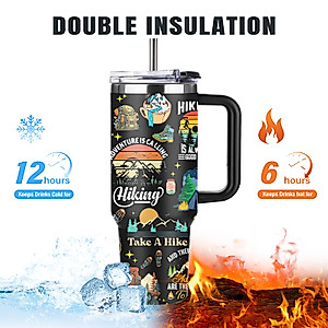 HYMONA 40oz Insulated Hiking Water Bottle - Double Wall Vacuum Coffee Tumbler for Outdoor Adventures, Camping Travel Mug with Straws (Mountain Design), Perfect Hiker Gift for Men & Women