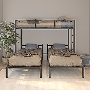 Twin Over Twin & Twin Bunk Bed, Metal Triple Bunk Bed Frame with Guardrails for Kids, Teens, Adults Space Saving, Can Be Divided Into 3 Separate Bed (Black-Metal-1)