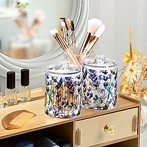 MNSRUU 2 Pack Qtip Holder Organizer Dispenser Dragonfly Lavender Bathroom Storage Canister Cotton Ball Holder Bathroom Containers for Cotton Swabs/Pads/Floss