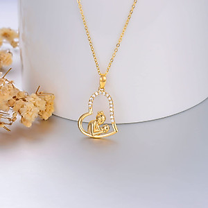 Ayafee 14K Solid Gold Mother Daughter Necklace, Heart Pendant Necklace Mothers Day Gifts for Grandmother Mom Wife
