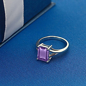 Gem Stone King 925 Sterling Silver Purple Amethyst Solitaire Engagement Ring For Women | 2.25 Cttw | Emerald Cut 9X7MM | Gemstone Birthstone | Ring Size 5-9