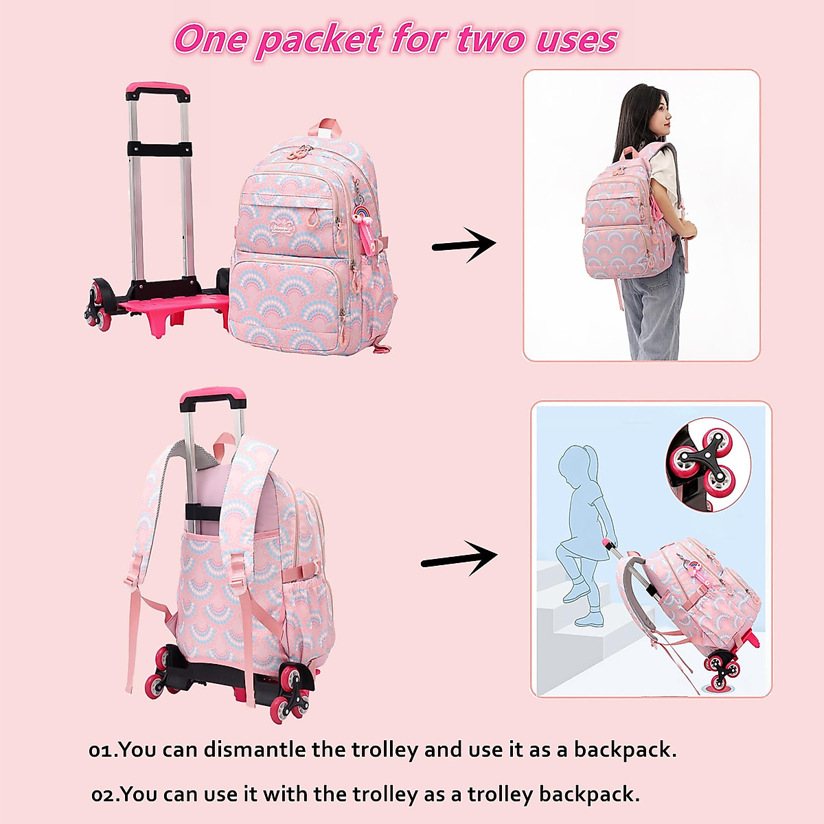 Girls Rolling Backpack Elementary Student Outdoor Travel Trolley Bag Bookbag with Wheels