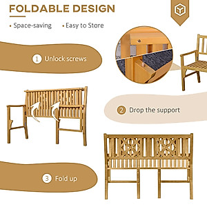 Outsunny 4FT Wooden Outdoor Garden Bench for 2, Portable Folding Loveseat 2-Seater Chair with Backrest, Armrests and Slat Seat, Natural