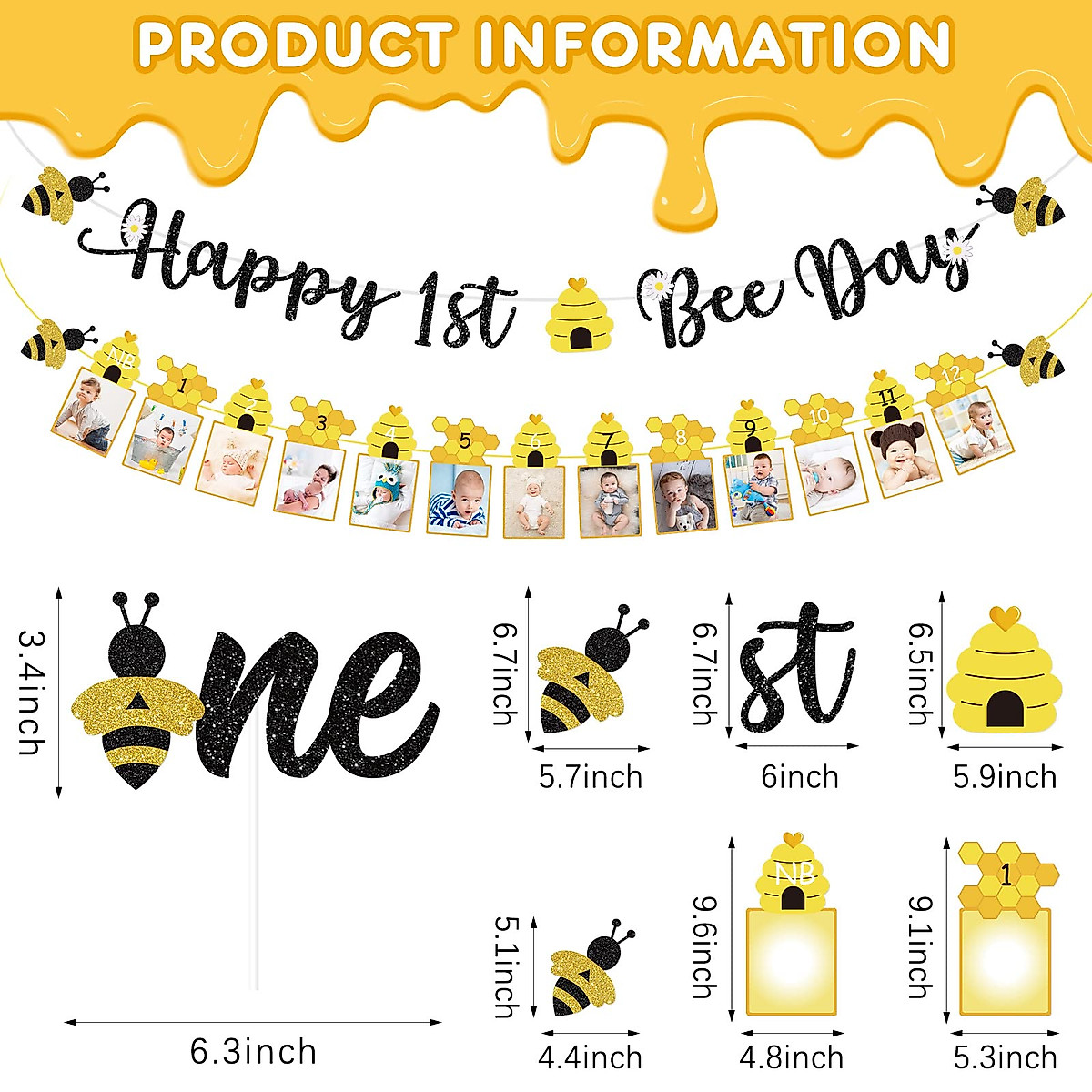3 Pcs Happy 1st Bee Day Party Decorations, Bumble Honey Bee 1st Birthday Baby Photo Banner and Cake Topper, Bee Decorations Bee Birthday Party Decorations Bee Cake Decorations for Boys Girls Newborn