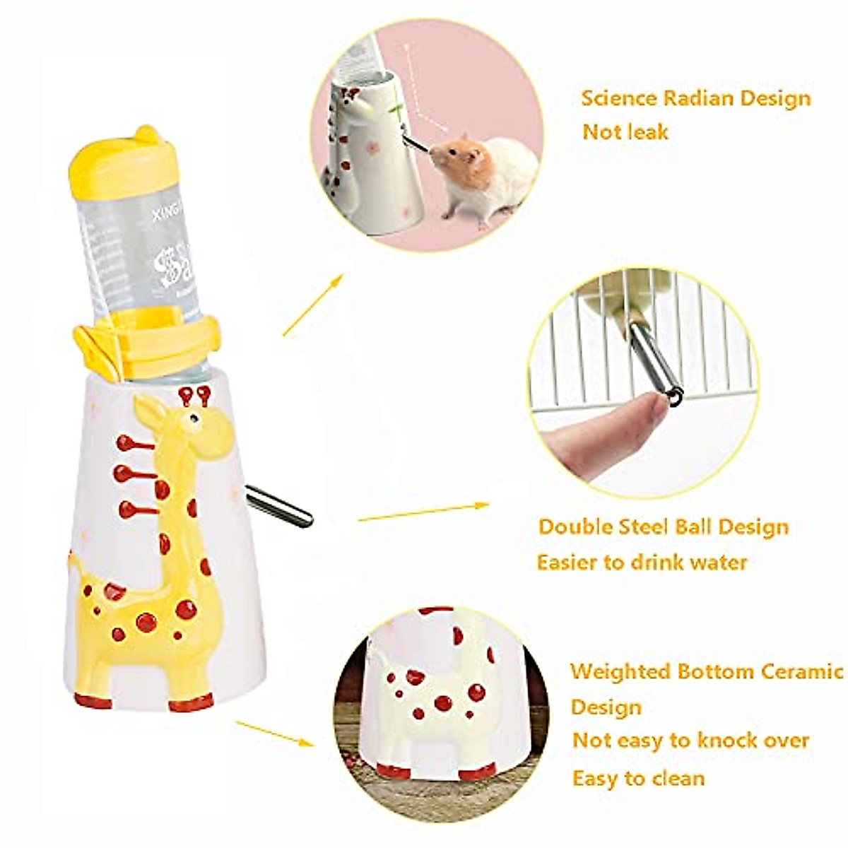 BIGCAKE 125ML Hamster Water Bottle, Ceramics Small Animals No Drip Standing Drinking Waterer with Holder for Syrian Hamster Dwarf Hamsters Mice Hedgehog Gerbil Rat (Yellow)