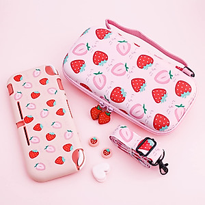 FANPL Case for Nintendo Switch Lite, Cute Pink Strawberry Carrying Case Bundle for Switch Lite Accessories with Soft TPU cover, Adjustable Strap, Screen Protector, Thumb Grip Caps