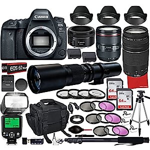 Canon EOS 6D Mark II DSLR Camera with EF 24-105mm f/4L is II USM Lens Bundle + EF 50mm f1.8 STM & EF 75-300mm Lenses + 500mm Preset Lens + 128GB Memory and Accessory Bundle (50 Pieces)
