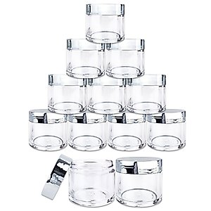 Beauticom 30g/30ml (1 fl. oz.) Double Wall Clear Plastic Leak Proof Jars with Flat Top Lids for Creams, Lotions, Make Up, Powders, Glitters, and more... (Color: Metallic Silver Lid, Pieces: 12)