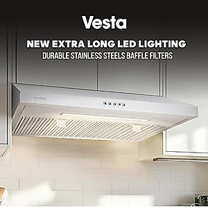Vesta Charlotte 500cfm Under Cabinet Range Hood With 3 Levels Of Speed, Mechanical Buttons Control, Dishwasher Friendly Baffle Filters, Flexible Vent Connectors, Long LED Stripe