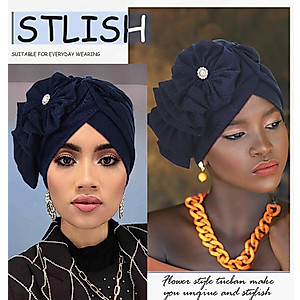 Urieo Women Turban Flower Cap African Headwrap Hat Elastic Beanie Head Warp Pack of 3