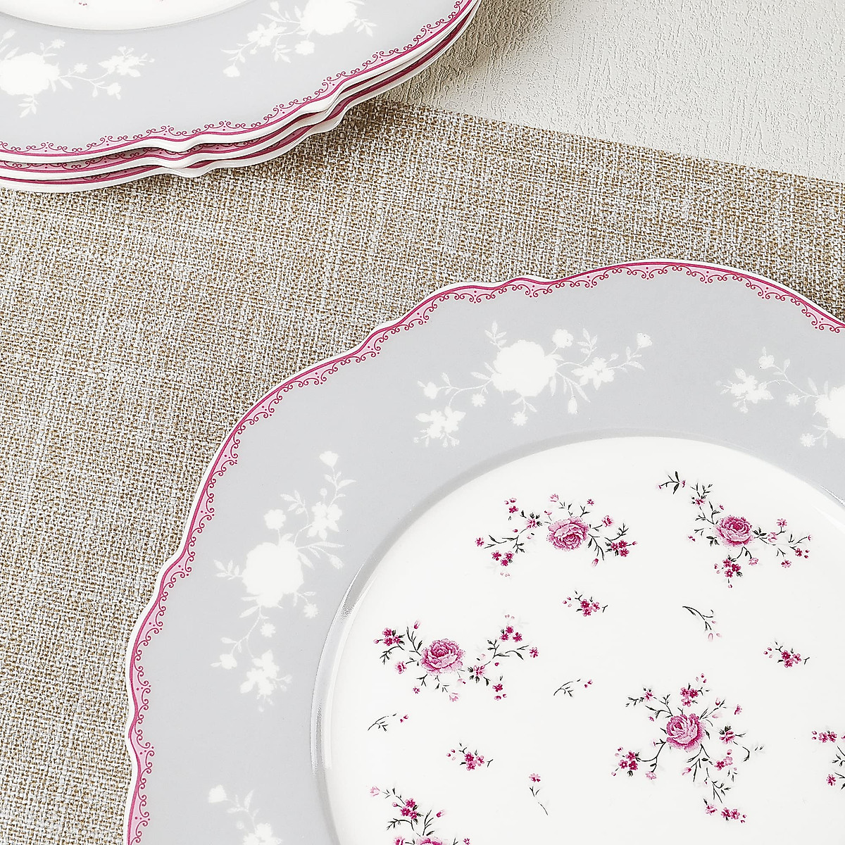 fanquare 8 Inch Porcelain Dessert Plates Set of 4, Lace Serving Bowls Set for Salad, Soup, Pasta, Snack, Pink Roses