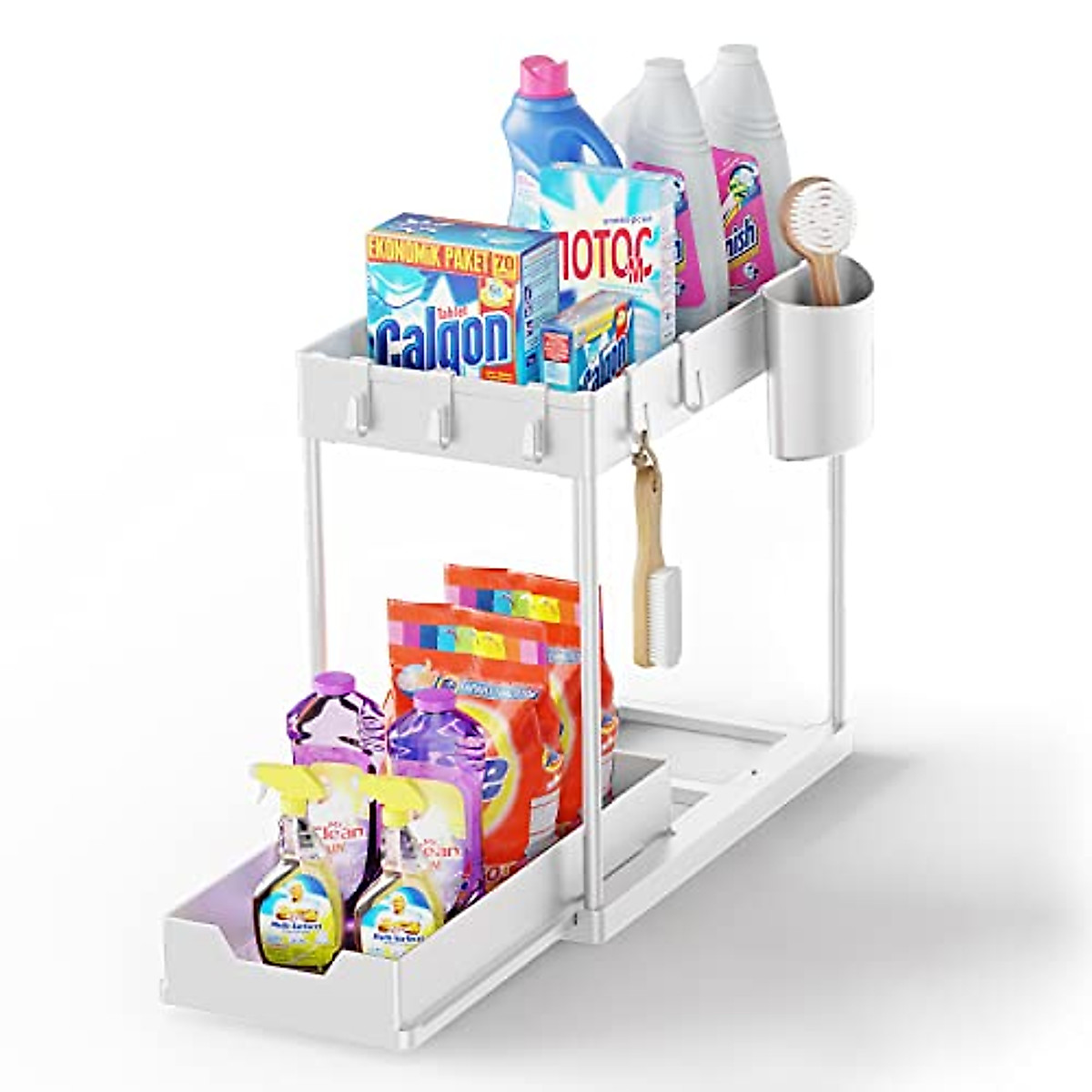 EWU Under Sink Organizers and Storage, 2 Tier Under Sink Organizer with Sliding Storage Drawer, Multi-purpose Storage Shelf for Kitchen Bathroom Bedroom with Hanging Cup and 5 Hooks, White