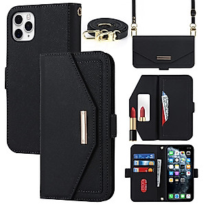 Jaorty Crossbody Wallet for iPhone 11 Pro Case with Adjustable Lanyard Strap Credit Card Holder 5.8",PU Leather Handbag Purse Kickstand Make Up Mirror Cover Case for Men Women Girl,Black