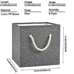 Yawinhe Collapsible Storage Basket 4-Pack, Open Storage Cube Bins with Thick Rope Handles, for Organizing, Shelves, Toys, Clothes, Office, 12.6x12.6x12.6in, Grey, SNK033G-4