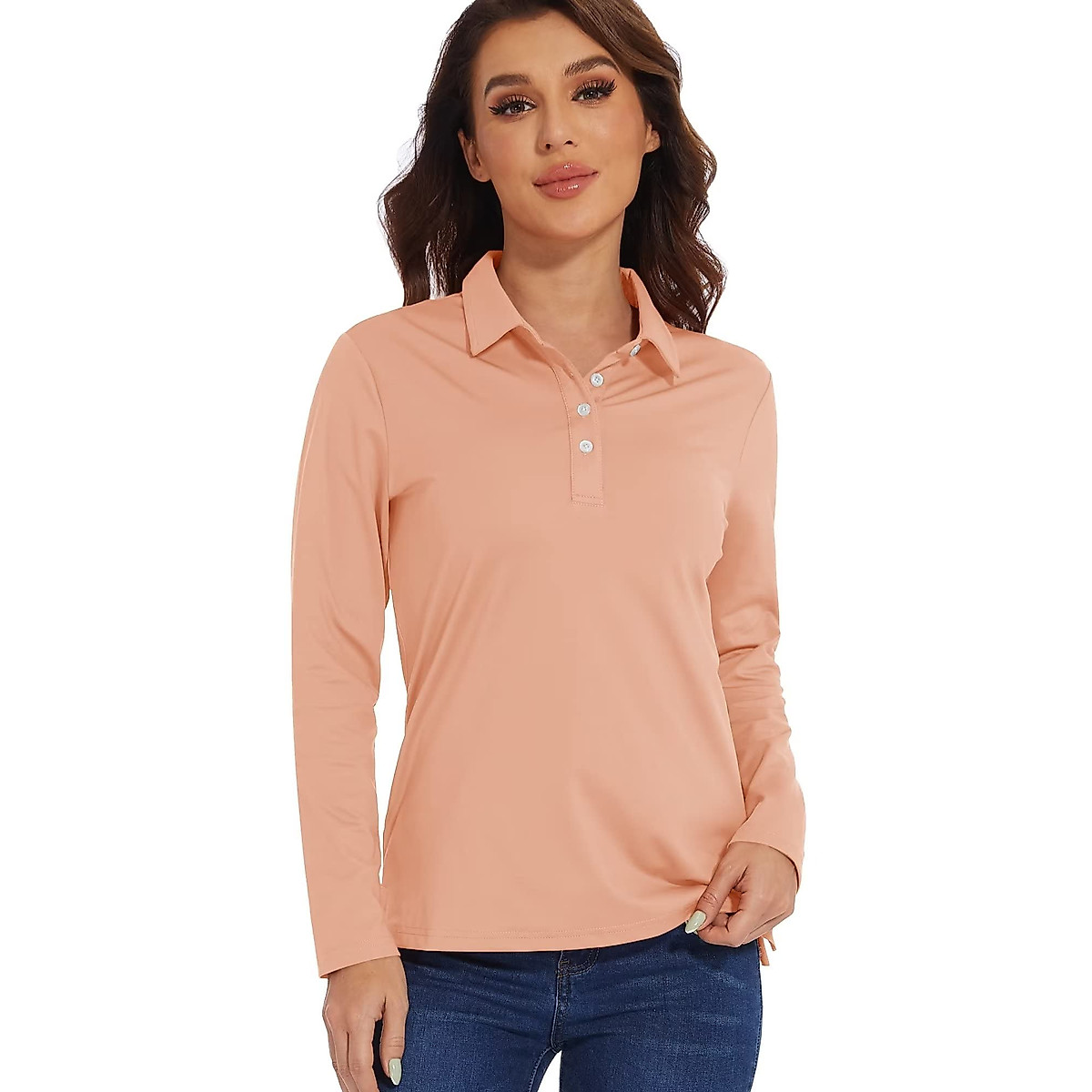 KEFITEVD Athletic Shirts Women Golf Polo Shirts Long Sleeve Collared Shirt UPF 50+ Quick Dry Sun Shirt Outdoor Performance Rashguard for Women Apricot