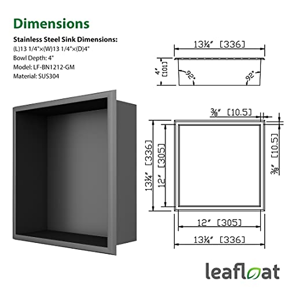 leafloat Black Nano Bath Niche Stainless Steel, 12"x12"x4", Signle Layer, Recessed, 18 Gauge T304 Stainless Steel, Satin Finish,Bathroom Recessed Niche, cUPC Listed