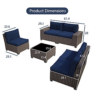 IDEALHOUSE 6 Pieces Blue Patio Sectional Furniture Set, Wicker Conversation Sets Patio Furniture, Brown Patio Sofa with 5 Navy Blue Seat Cushions and 1 Glass Coffee Table