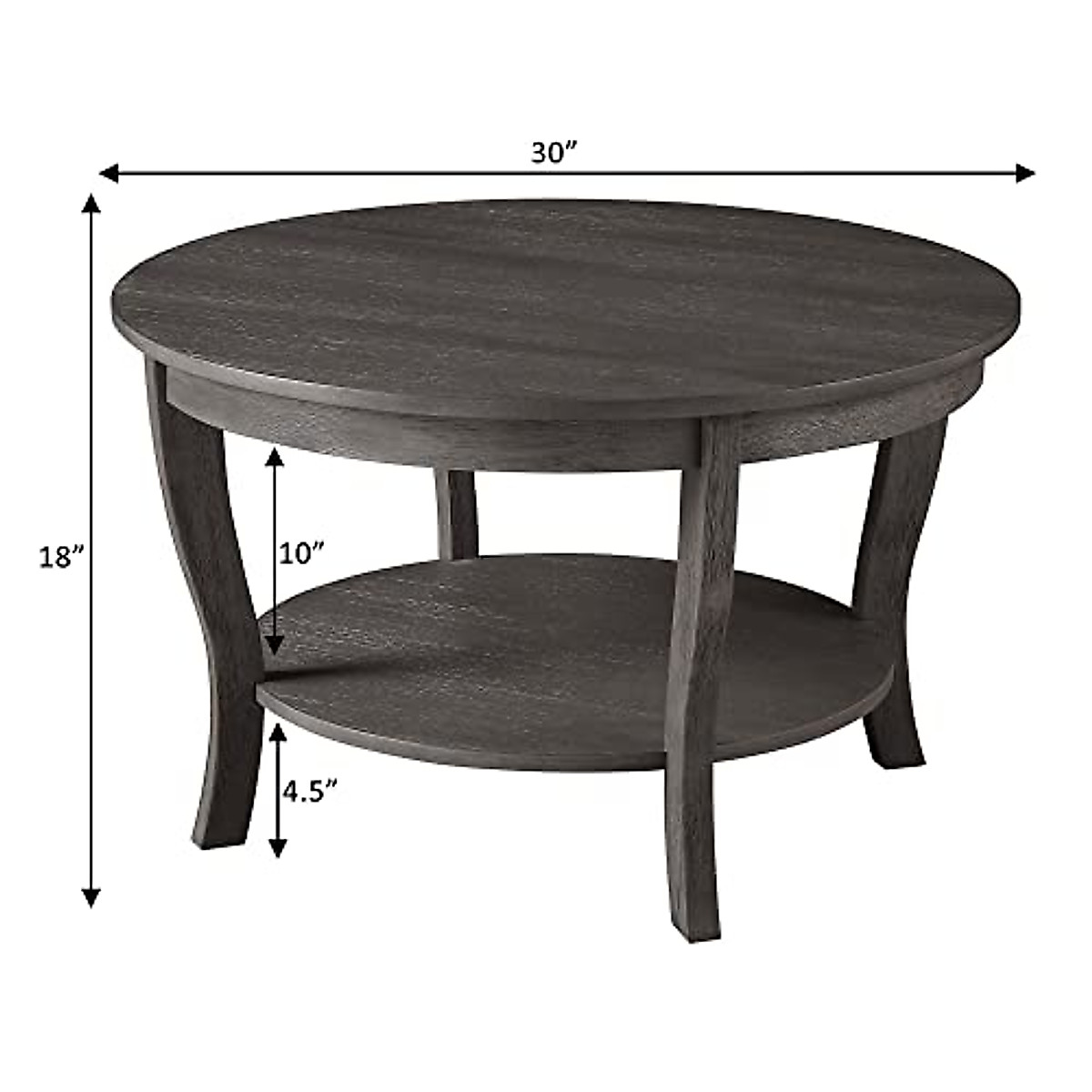 Convenience Concepts American Heritage Round Coffee Table with Shelf, Wirebrush Dark Gray