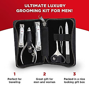 Seki Edge Craftsman Luxury Mens Grooming Kit (SS-3103) - 6 Piece Premium Manicure & Pedicure Nail Kit with Nail Clippers, Nail Nipper, Nose Scissors, Nail File, & Tweezers in Travel Case