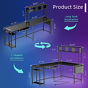 Shintenchi 66" L Shaped Home Office Desk, Reversible Gaming Desk with LED Lights and Power Outlet, Computer Desk with Keyboard Tray, Hook, Storage Bag and Shelf for Home Office, Black