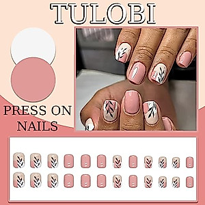 24 Pcs Pink Short Press on Nails Square Fake Nails Summer Leaf Designs Glossy Glue on Nails with Design Full Cover False Nails White Artificial Acrylic Nails Stick on Nails for Women DIY Manicure