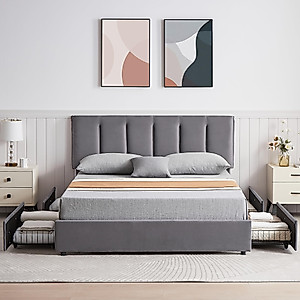 VECELO Queen Upholstered Bed Frame with 4 Storage Drawers and Adjustable Velvet Headboard, Heavy-Duty Platform bedframe, No Box Spring Needed, Grey