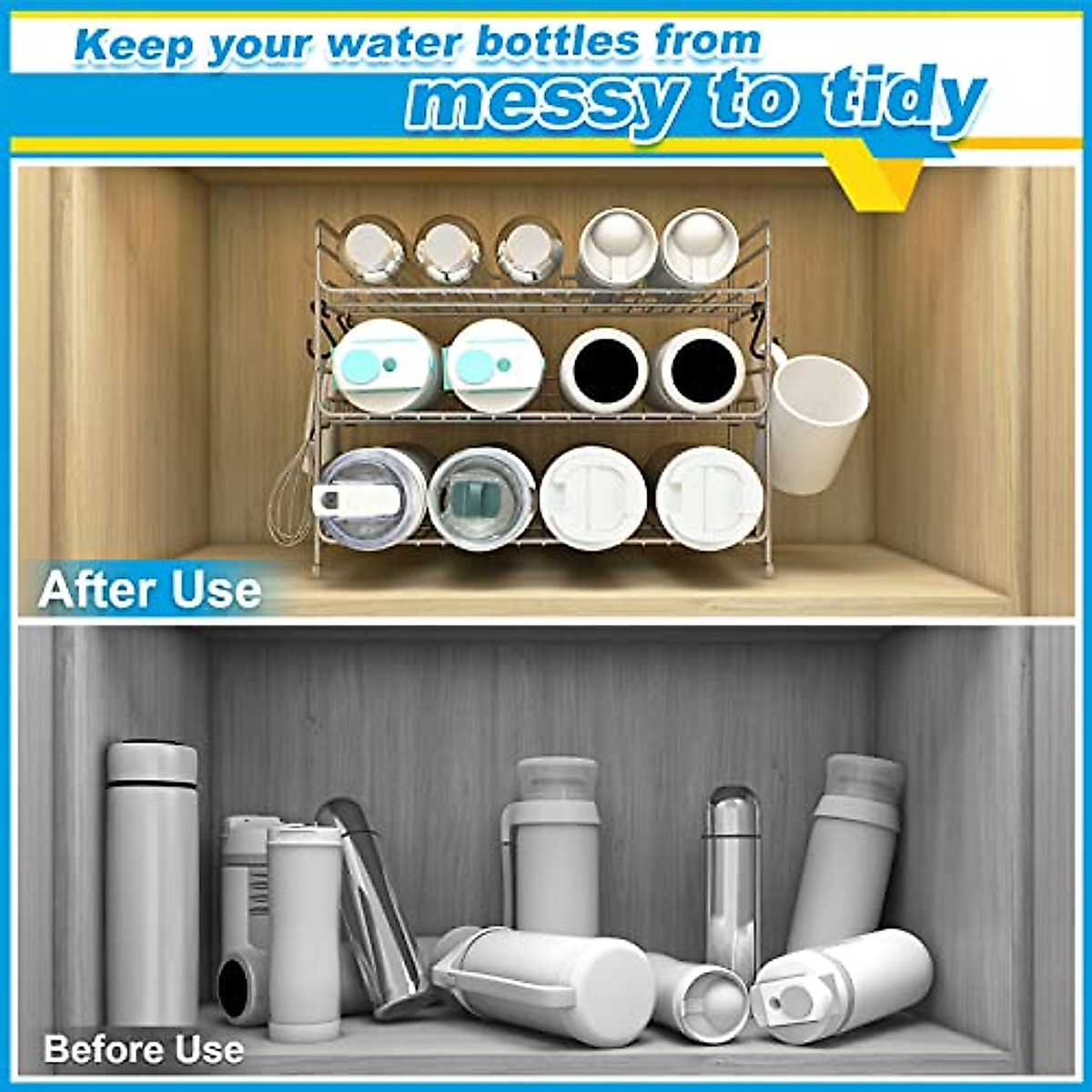Mefirt Water Bottle Organizer, 3-Tier Water Bottle Organizer for Cabinet, Tumbler Travel Cup Holder, Pantry Kitchen Stackable Storage Rack for Shaker Baby Bottle, Wine, Can, Drying Rack (Silver)