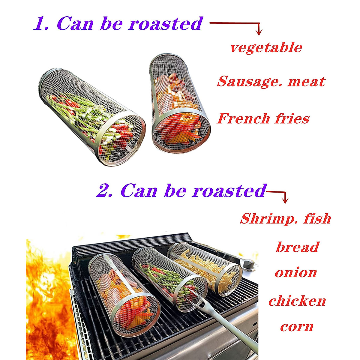Ruggedized Rolling Grilling Basket-Round Stainless Steel BBQ Grill Mesh-Outdoor Portable Grill Baskets-cylindrical grilling baskets cylinders cylinders-Net Tube Barbecue Cage Picnic Grate Dragon（2PCS)