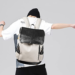HUANGGUOSHU Women Travel Laptop Backpack Men's Business leather Casual Multipurpose Backpack School Bag With USB Charging Port (Off White)