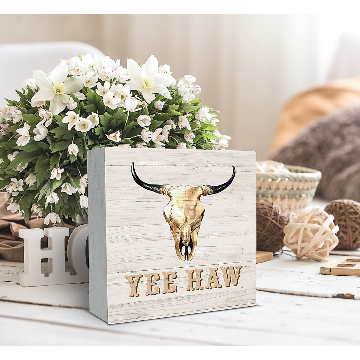 SRADMO Yee Haw Retro Western Bull Head Skull Wood Box Sign Desk Decor，Retro Western Cowboy Cowgirl Rodeo Theme Wooden Block Box Sign Decoration For Western Home Office Shelf Table Decor