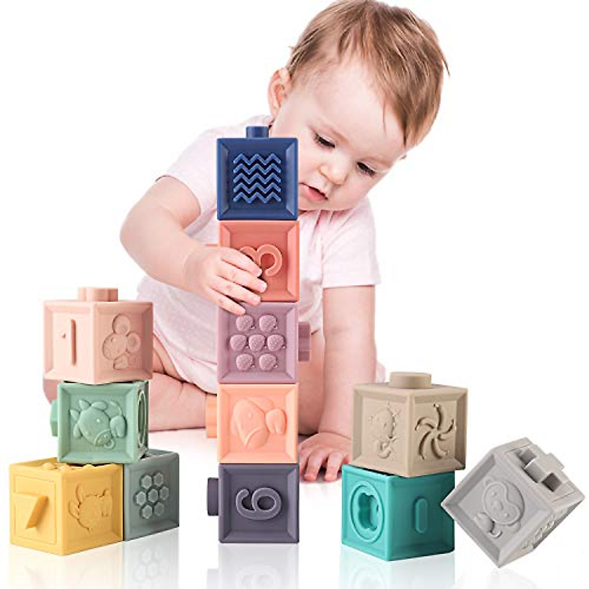 MIXI Baby Toys Blocks, Soft Blocks for Babies 6 Month Baby Toys Teething Toys Infant Toys Baby Building Blocks Montessori Developmental Toys with Numbers Animals Shapes for Baby 6 Months and Up 12PCS