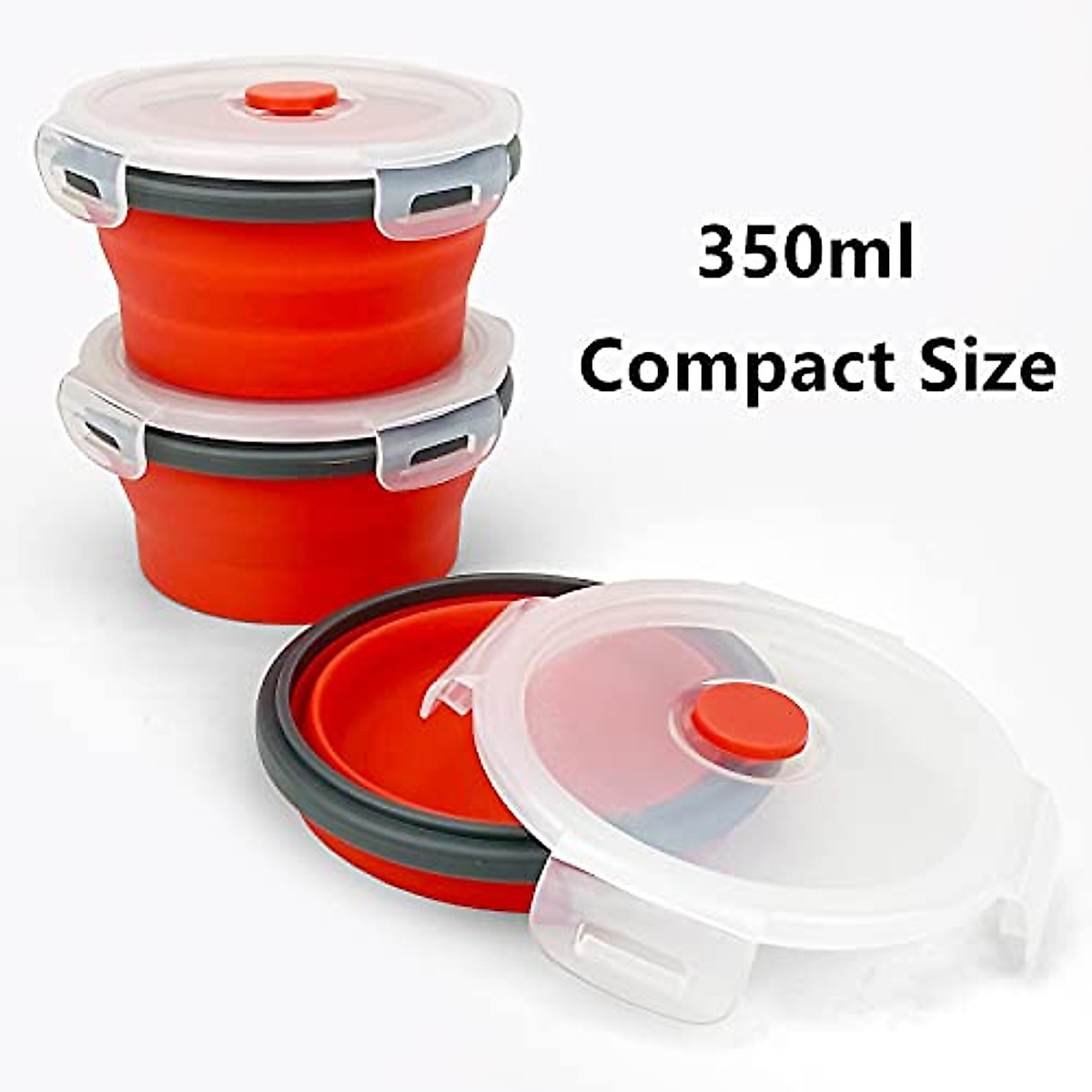 CCyanzi 3piece Round Collapsible Bowl with Lids, Silicone Food Storage Containers, Microwave & Freezer Safe, Space Saving for Kitchen Cabinet and Camping Backpack,(Red Gray)