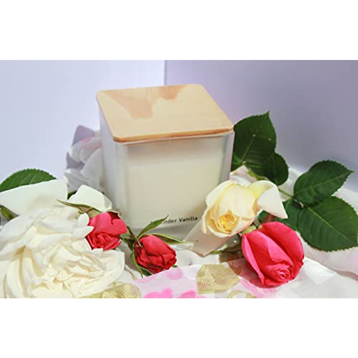 Natural Soy Wax Scented Candles - Lavender Vanilla Scented Candle & Amber Sandalwood with Wooden Wick in a Frosted Glass Square Jar with Bamboo Lid by September 98