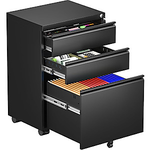Pataku 3 Drawer Mobile File Cabinet with Lock, Under Desk Metal Filing Cabinet for Legal/Letter/A4 File, Fully Assembled Rolling File Cabinet Except Wheels, Black